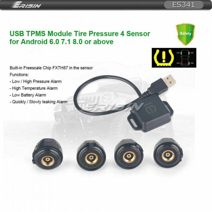 Erisin TPMS Module Car Tire Pressure 4 Sensor Alarm USB for Android 5.1+ Stereo | Landroverparts.it